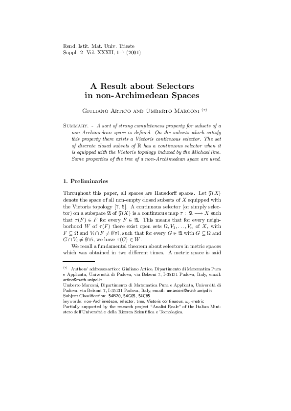 Pdf A Result About Selectors In Non Archimedean Spaces