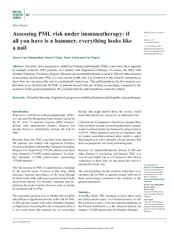 (PDF) Assessing PML risk under immunotherapy: if all you have is a ...
