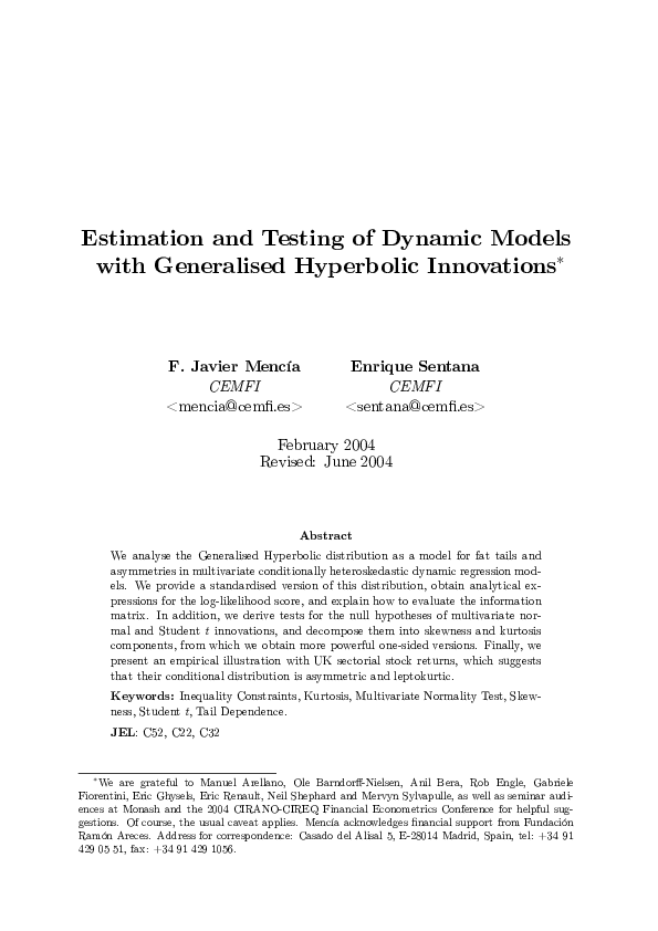 Pdf Estimation And Testing Of Dynamic Models With Generalised Hyperbolic Innovations