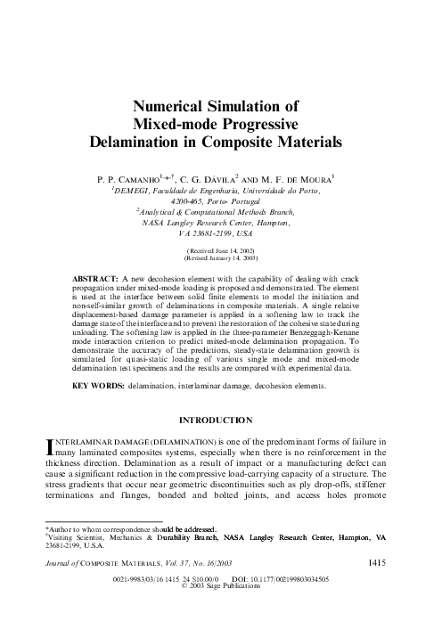 (PDF) Numerical Simulation of Mixed-Mode Progressive Delamination in Composite Materials