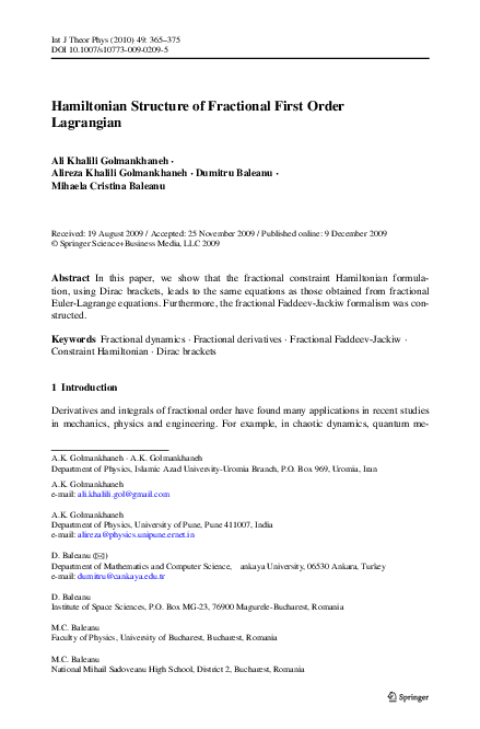 Pdf Hamiltonian Structure Of Fractional First Order Lagrangian