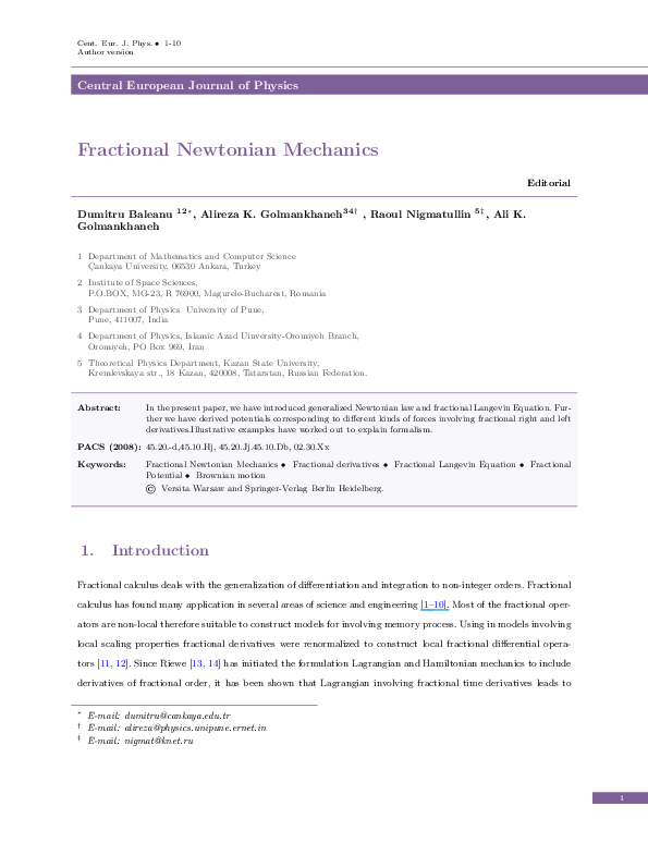 (PDF) Fractional Newtonian mechanics