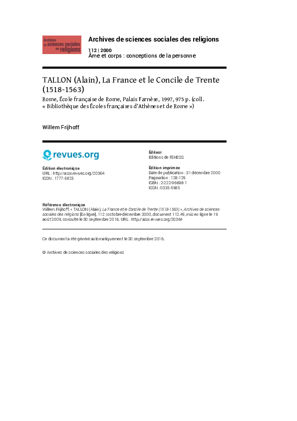 (PDF) TALLON (Alain), La France et le Concile de Trente (1518-1563 ...