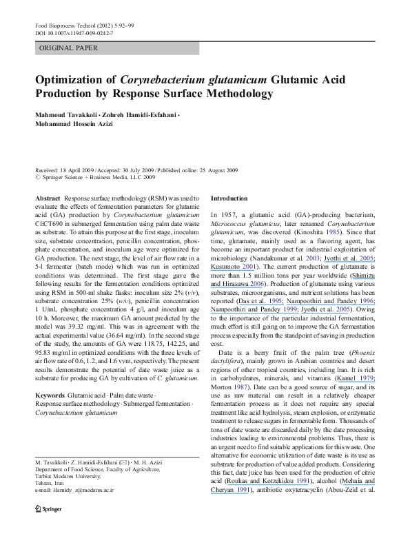 (PDF) Optimization of Corynebacterium glutamicum Glutamic Acid ...