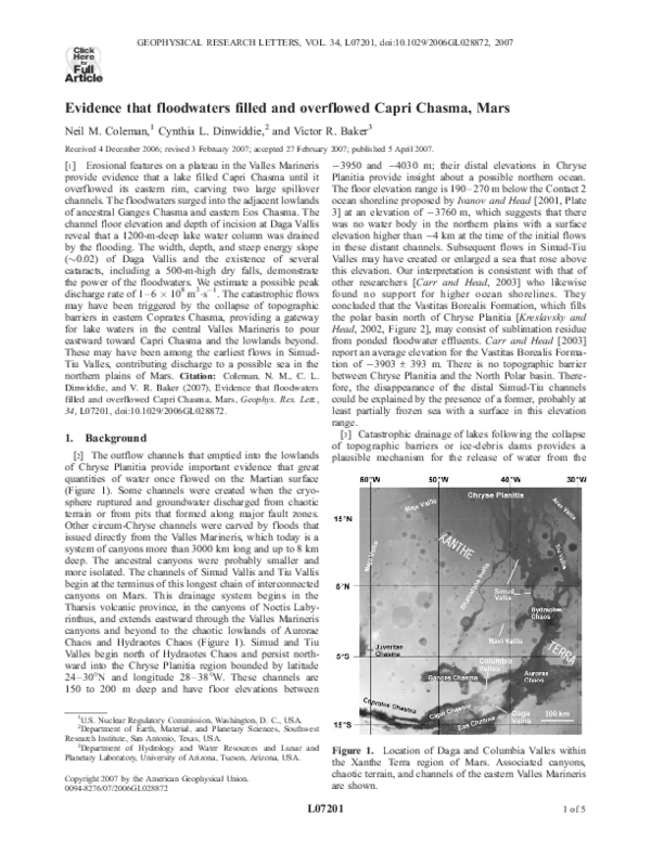 (PDF) Evidence that floodwaters filled and overflowed Capri Chasma, Mars