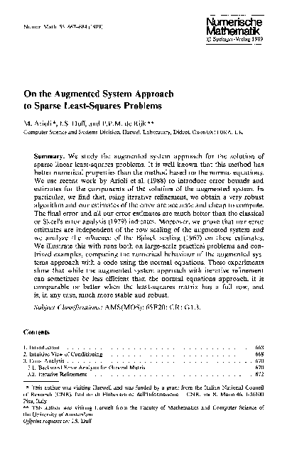 Pdf On The Augmented System Approach To Sparse Least Squares Problems
