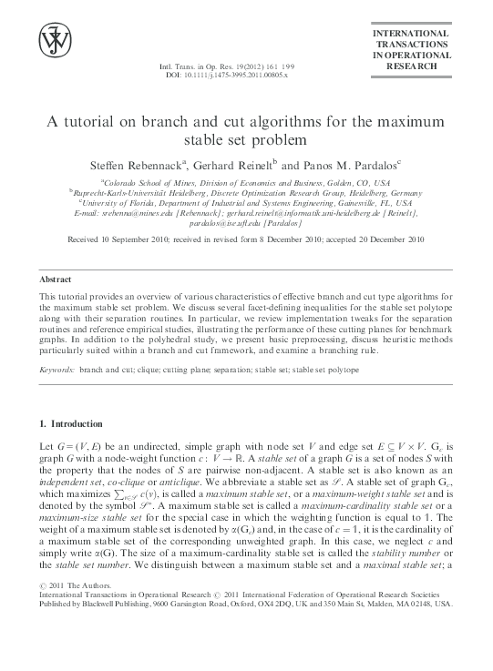 (PDF) A tutorial on branch and cut algorithms for the maximum stable set problem