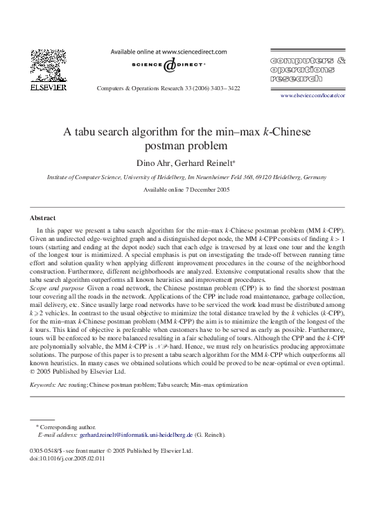 (PDF) A tabu search algorithm for the min–max k-Chinese postman problem