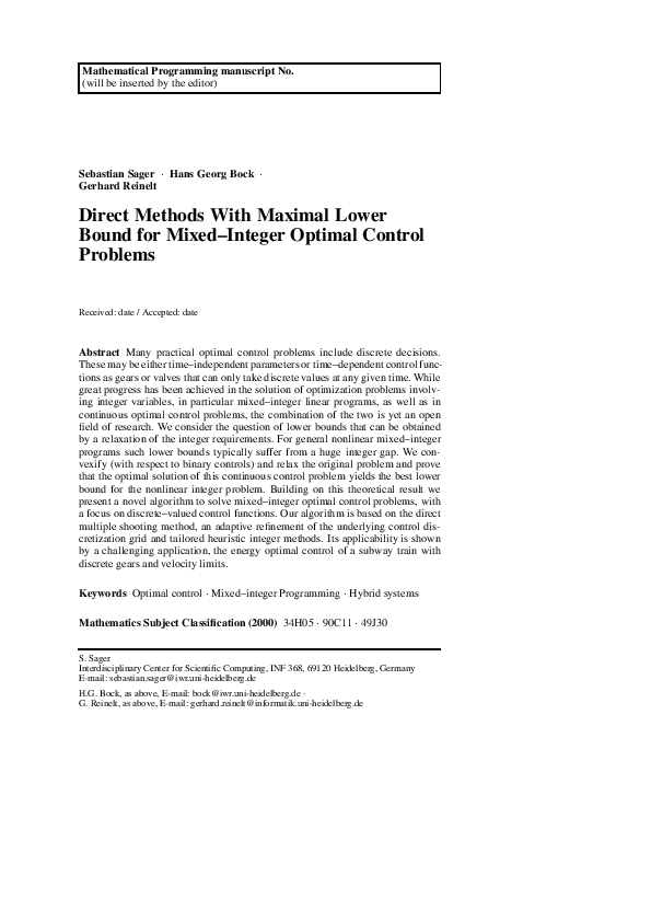(PDF) Direct methods with maximal lower bound for mixed-integer optimal control problems