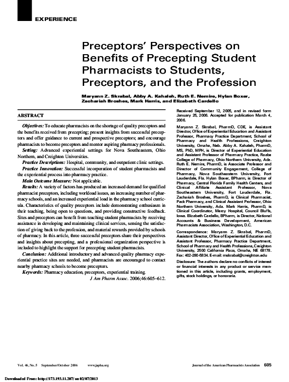 (PDF) Preceptors' Perspectives on Benefits of Precepting Student ...
