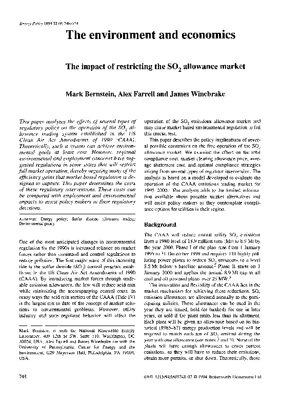 (PDF) The environment and economics the impact of restricting the SO2 ...