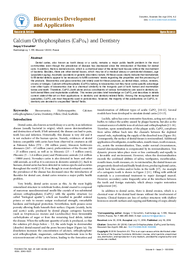 (PDF) Calcium Orthophosphates (CaPO4) and Dentistry