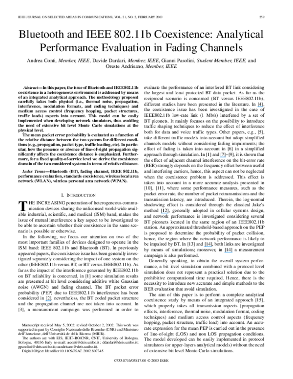 (PDF) Bluetooth and IEEE 802.11b coexistence: analytical performance evaluation in fading channels