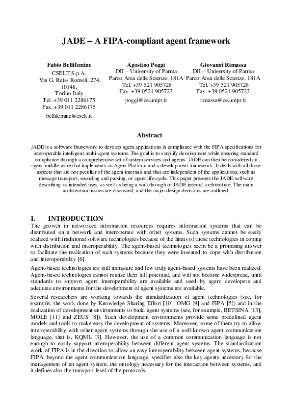 (PDF) JADE - A FIPA-compliant agent framework