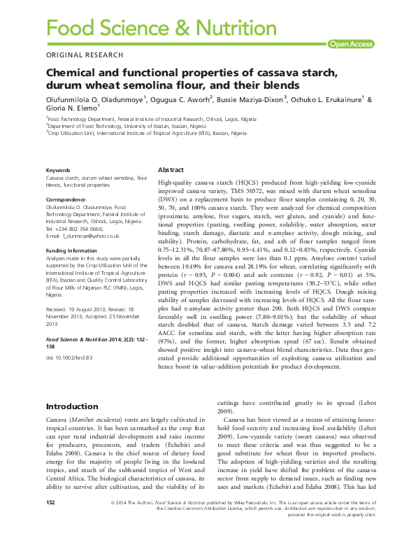 (PDF) Chemical and functional properties of cassava starch, durum wheat semolina flour, and ...