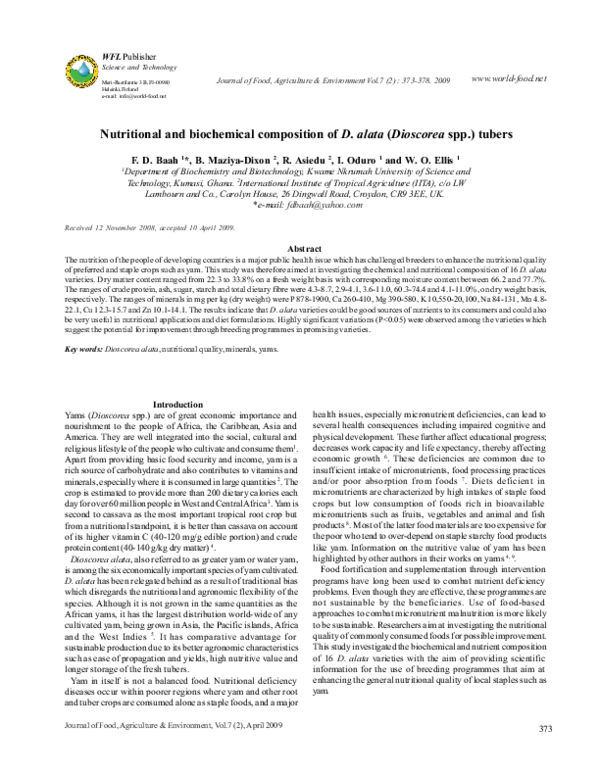 (PDF) Nutritional and biochemical composition of D. alata (Dioscorea ...