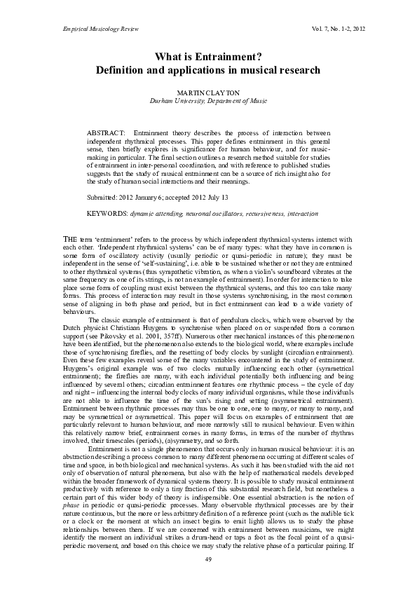 (PDF) What is entrainment ? definition and applications in musical research
