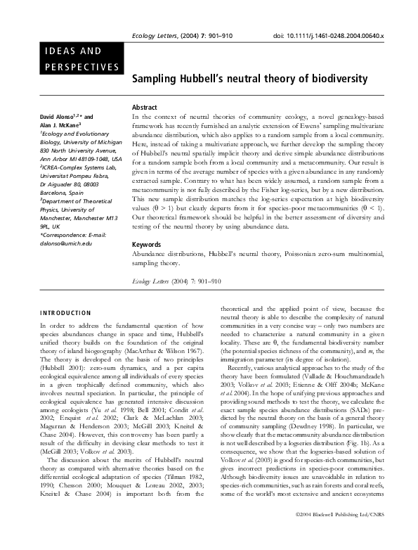 (PDF) Sampling Hubbell's neutral theory of biodiversity