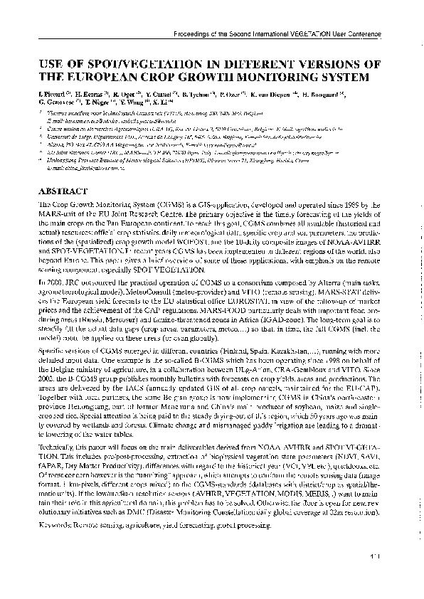 (PDF) Use of SPOT/VEGETATION in different versions of the European Crop Growth Monitoring System ...