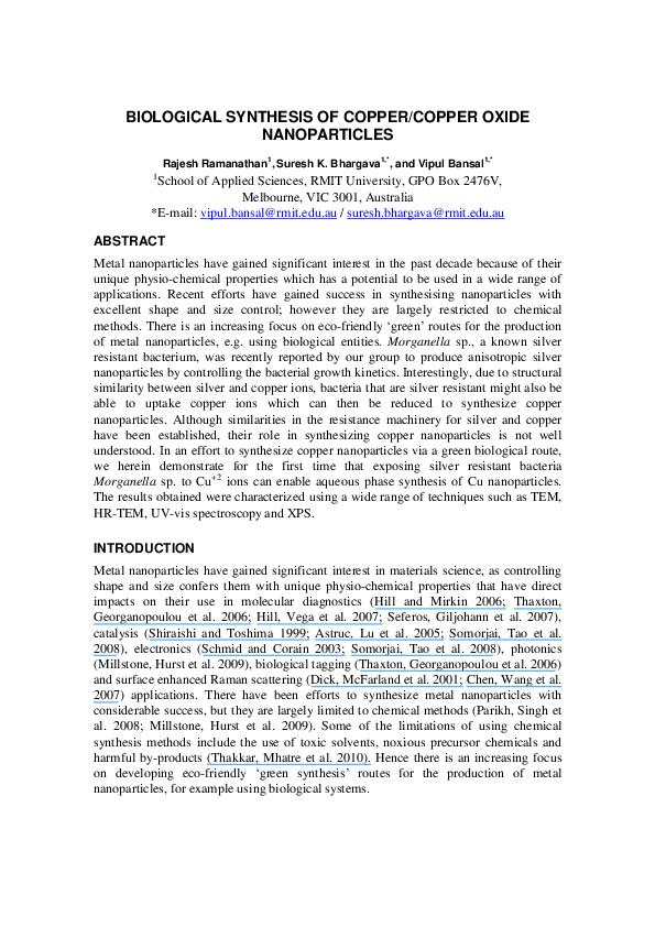 (PDF) Biological synthesis of copper/copper oxide nanoparticles
