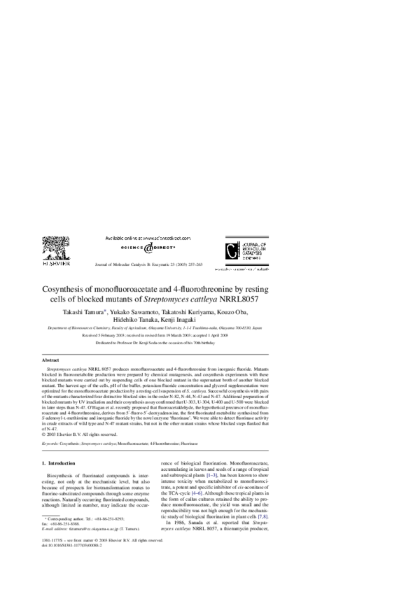 (PDF) Cosynthesis of monofluoroacetate and 4-fluorothreonine by resting ...