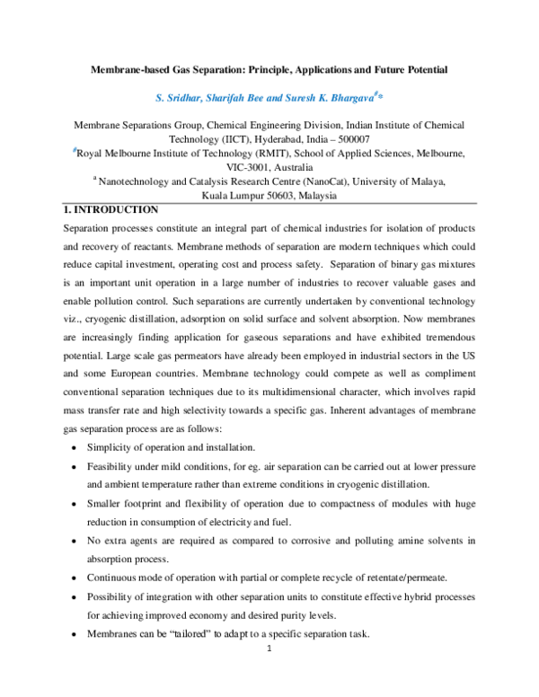 Pdf Membrane Based Gas Separation Principle Applications And Future