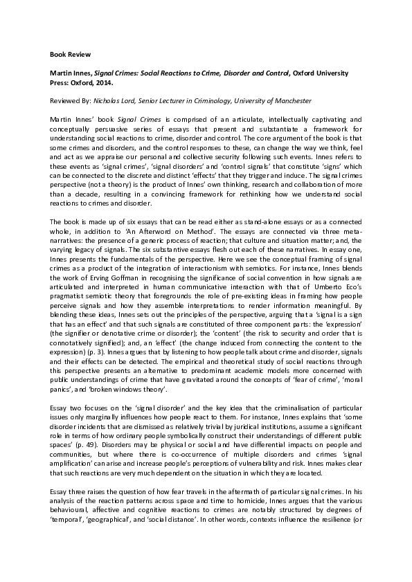 (PDF) Book Review: Signal Crimes: Social Reactions to Crime, Disorder ...