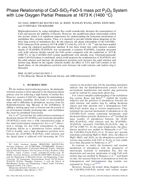 (PDF) Phase Relationship of CaO-SiO2-FeO-5 mass pct P2O5 System with Low Oxygen Partial Pressure ...