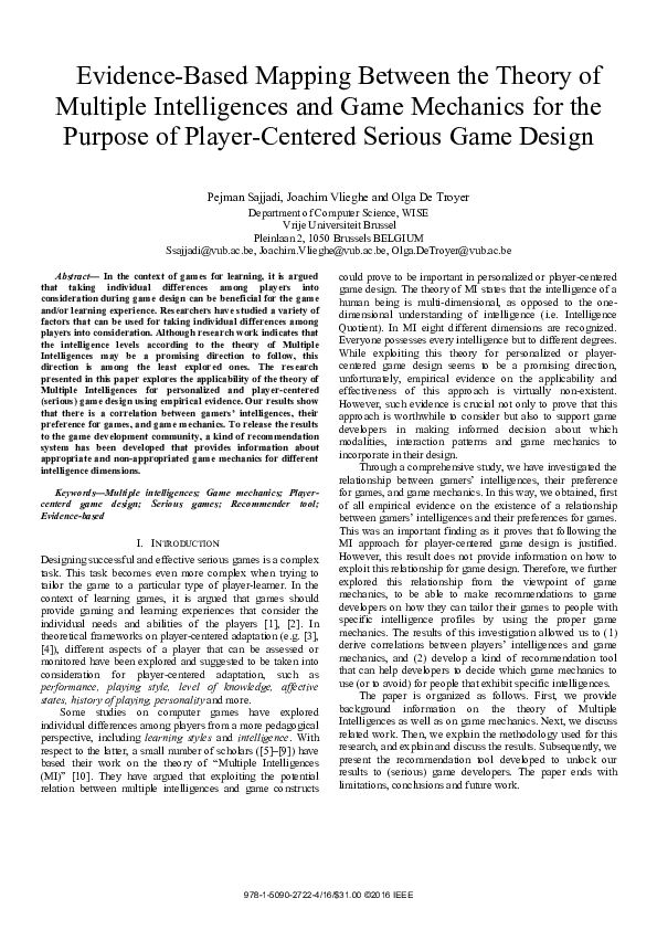 (PDF) Evidence-Based Mapping Between the Theory of Multiple Intelligences and Game Mechanics for ...