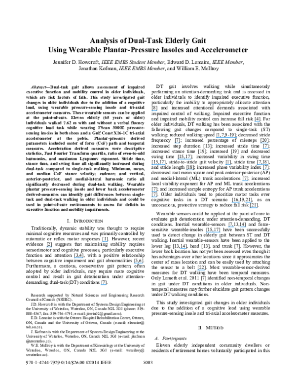 (PDF) Analysis of dual-task elderly gait using wearable plantar-pressure insoles and accelerometer