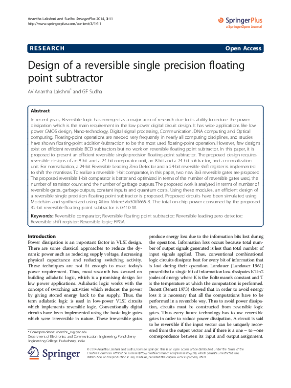 Pdf Design Of A Reversible Single Precision Floating Point Subtractor