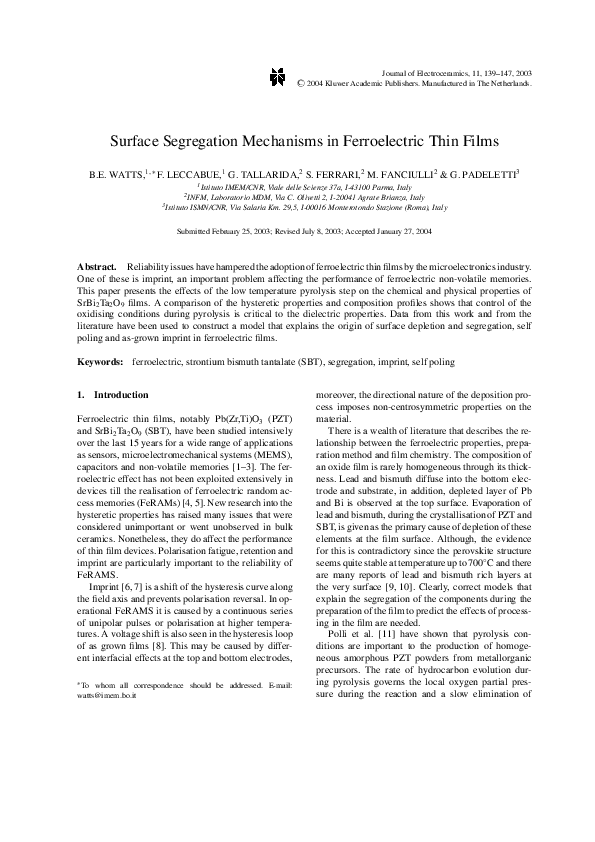 (PDF) Surface Segregation Mechanisms in Ferroelectric Thin Films