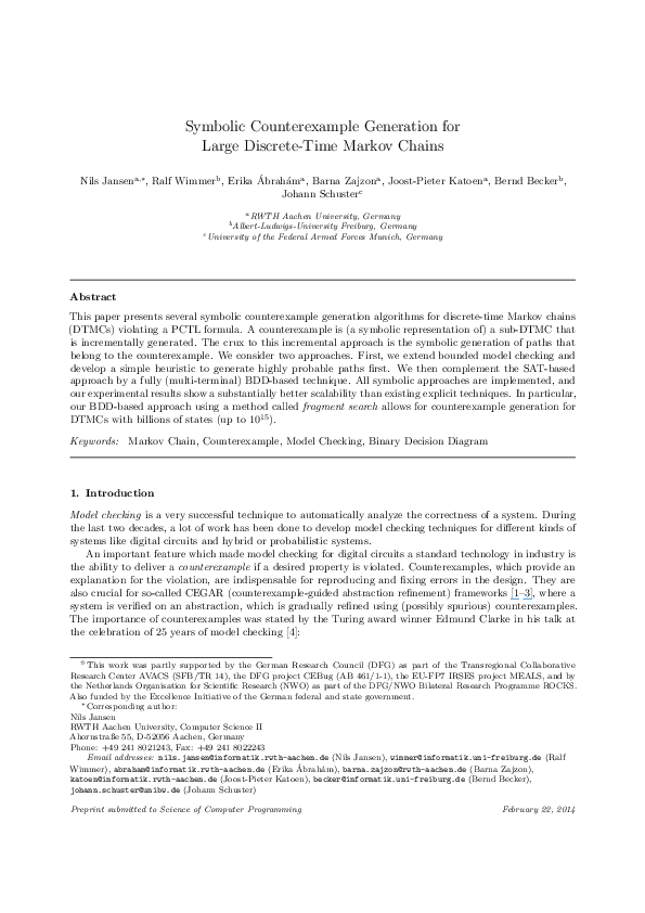 (PDF) Symbolic counterexample generation for large discrete-time Markov chains