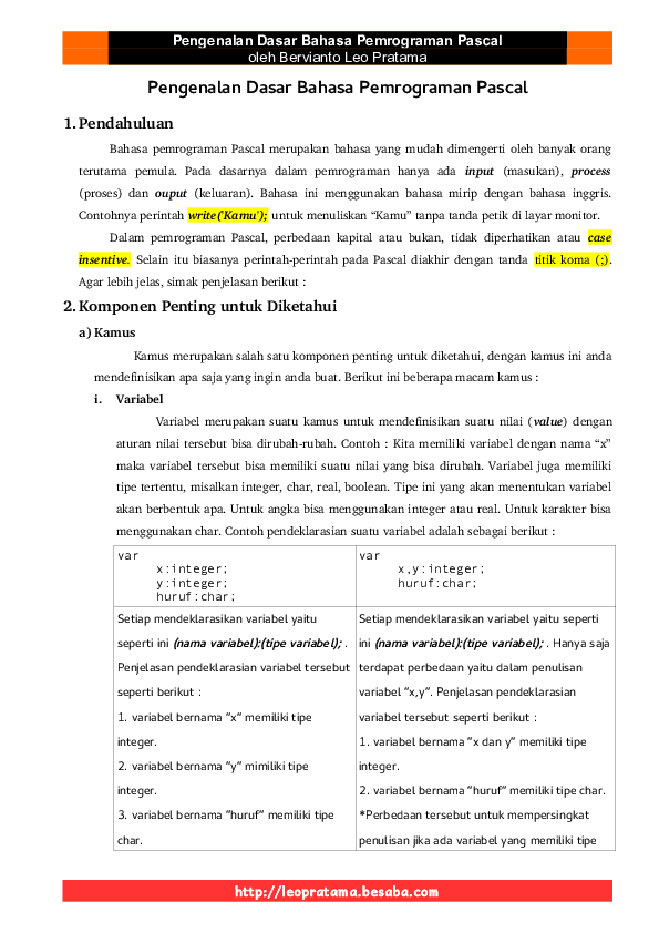 Pengenalan Dasar Bahasa Pemrograman Pascal oleh Bervianto Leo Pratama