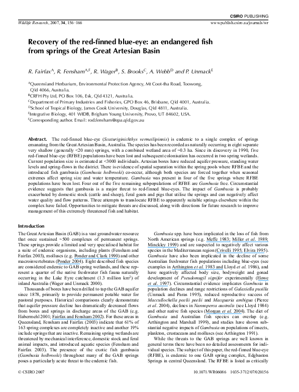 (PDF) Recovery of the red-finned blue-eye: an endangered fish from ...