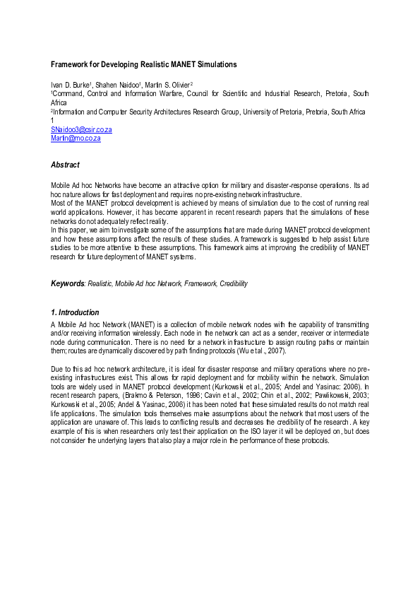 (PDF) Framework for developing realistic MANET simulations | Ivan Burke ...