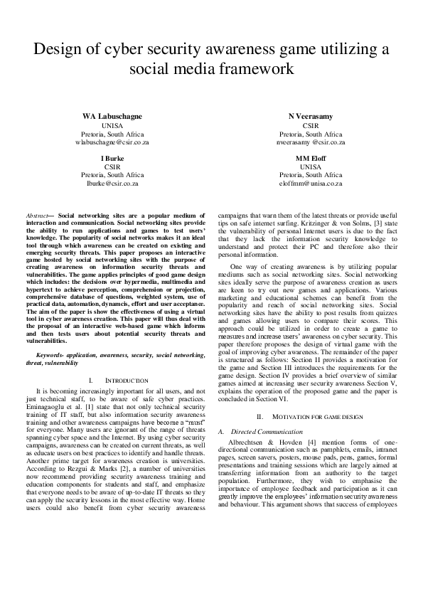 (PDF) Design of cyber security awareness game utilizing a social media ...