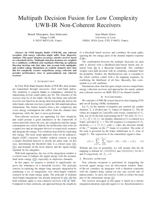 (PDF) Multipath decision fusion for low complexity UWB-IR non-coherent receivers