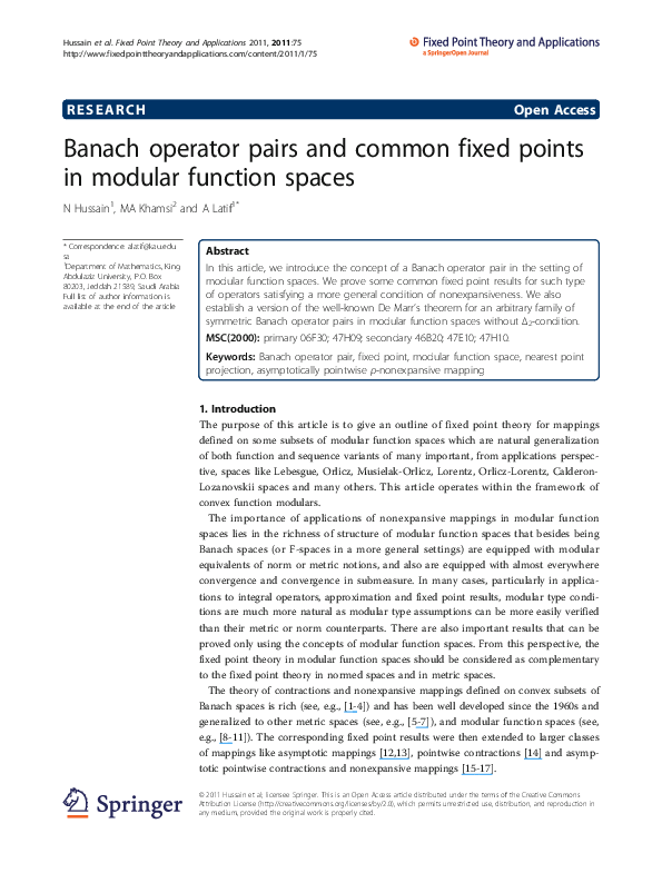 (PDF) Banach Operator Pairs and Fixed Points in Modular Spaces