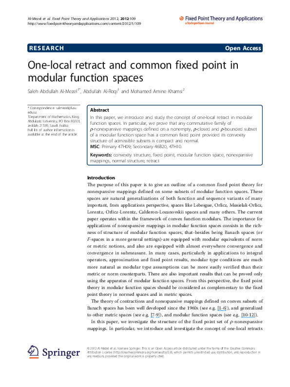(PDF) One-local retract and common fixed point in modular function spaces