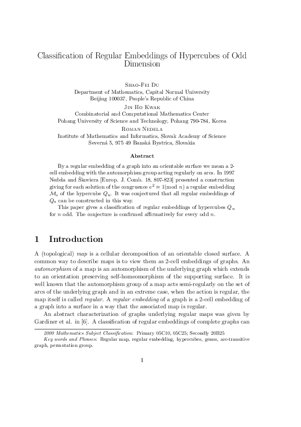 Pdf Classification Of Regular Embeddings Of Hypercubes Of Odd Dimension