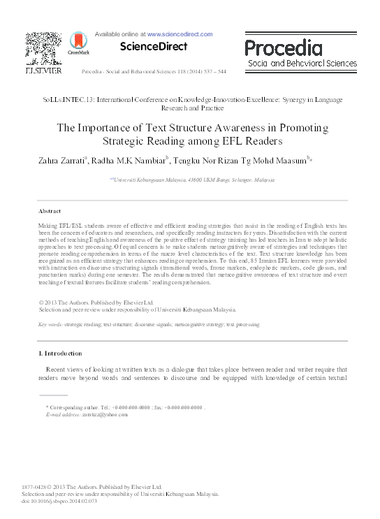 (PDF) The Importance of Text Structure Awareness in Promoting Strategic ...