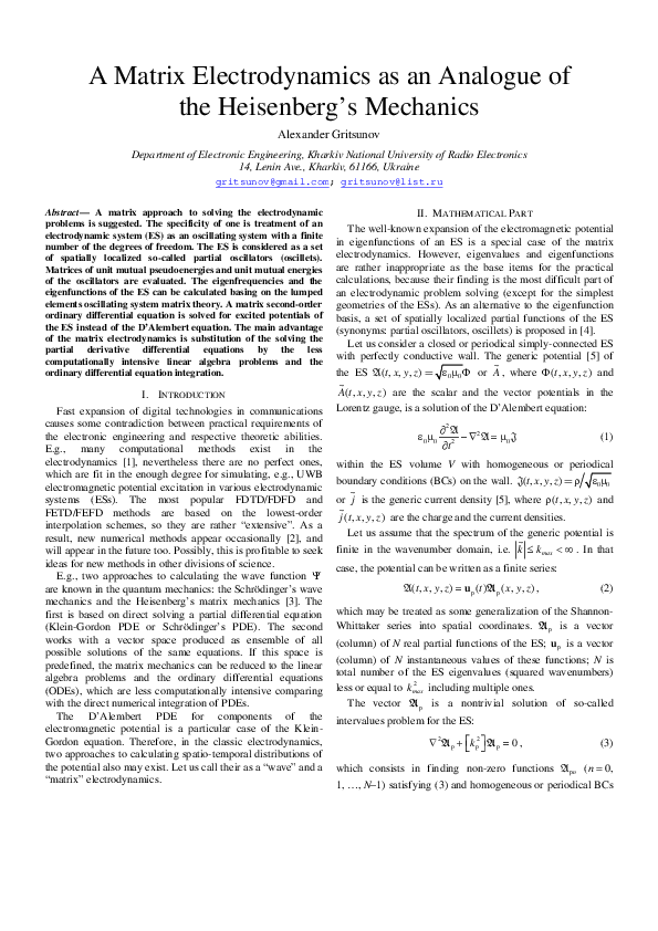 (PDF) A matrix electrodynamics as an analogue of the Heisenberg's mechanics