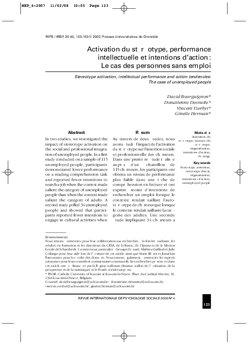 (PDF) Activation du stéréotype, performance intellectuelle et intentions d'action : Le cas des ...