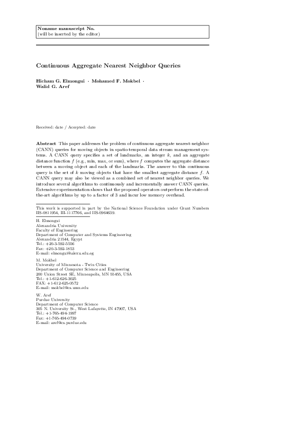 (PDF) Continuous aggregate nearest neighbor queries