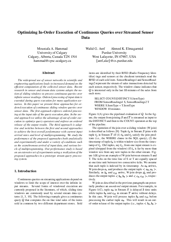 (PDF) Optimizing InOrder Execution of Continuous Queries over Streamed Sensor Data | Walid Aref ...