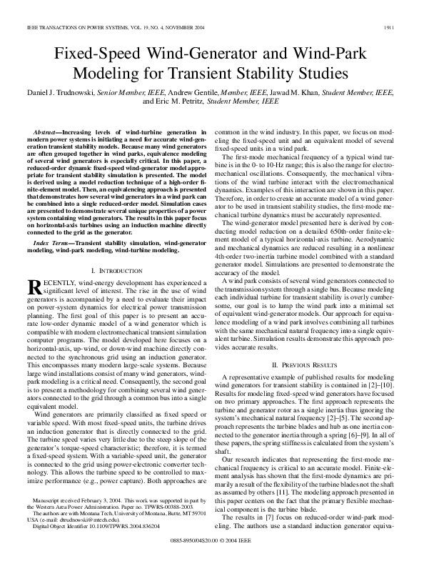 (PDF) Fixed-Speed Wind-Generator and Wind-Park Modeling for Transient Stability Studies