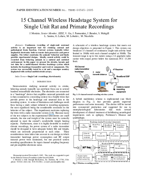 (PDF) 15 Channel Wireless Headstage System for Single Unit Rat and ...