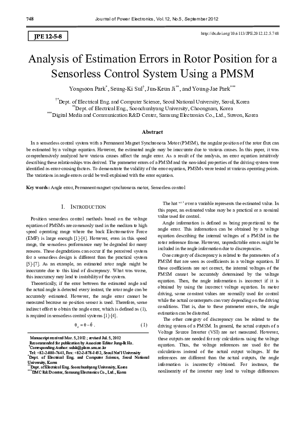 Pdf Analysis Of Estimation Errors In Rotor Position For A Sensorless Control System Using A Pmsm