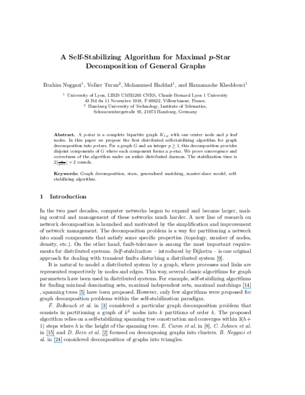 (PDF) A Self-stabilizing Algorithm for Maximal p-Star Decomposition of General Graphs